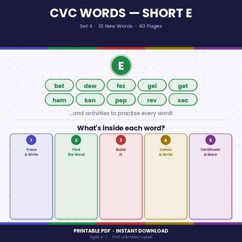 Short E CVC Words Worksheets Set 4 | Phonics Activities Kindergarten ...