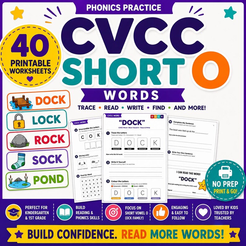 CVCC Short O Phonics Worksheets | Kindergarten Reading Practice (PDF ...