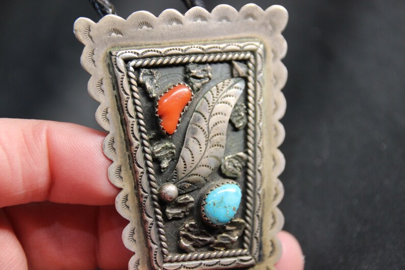 Vintage Navajo, Benson Sam, Bolo Tie, Coral, Turquoise, Silver, Men's ...
