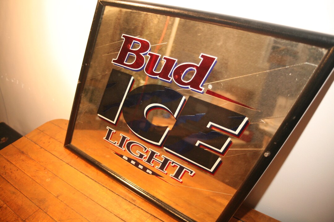 Bud Ice Light Beer, Beer, Bar, Mancave Mirror Sign, Black Wood Frame ...