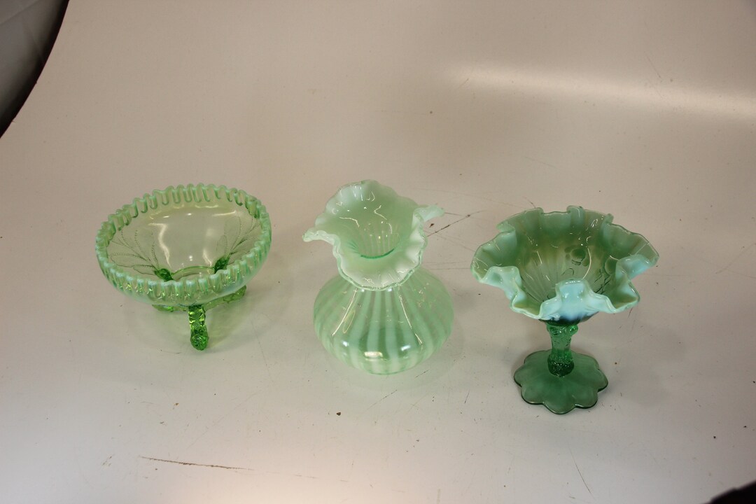 Set of 3 Fenton, Art Glass, Uranium Glass, Opalescent, Ruffled Rim ...