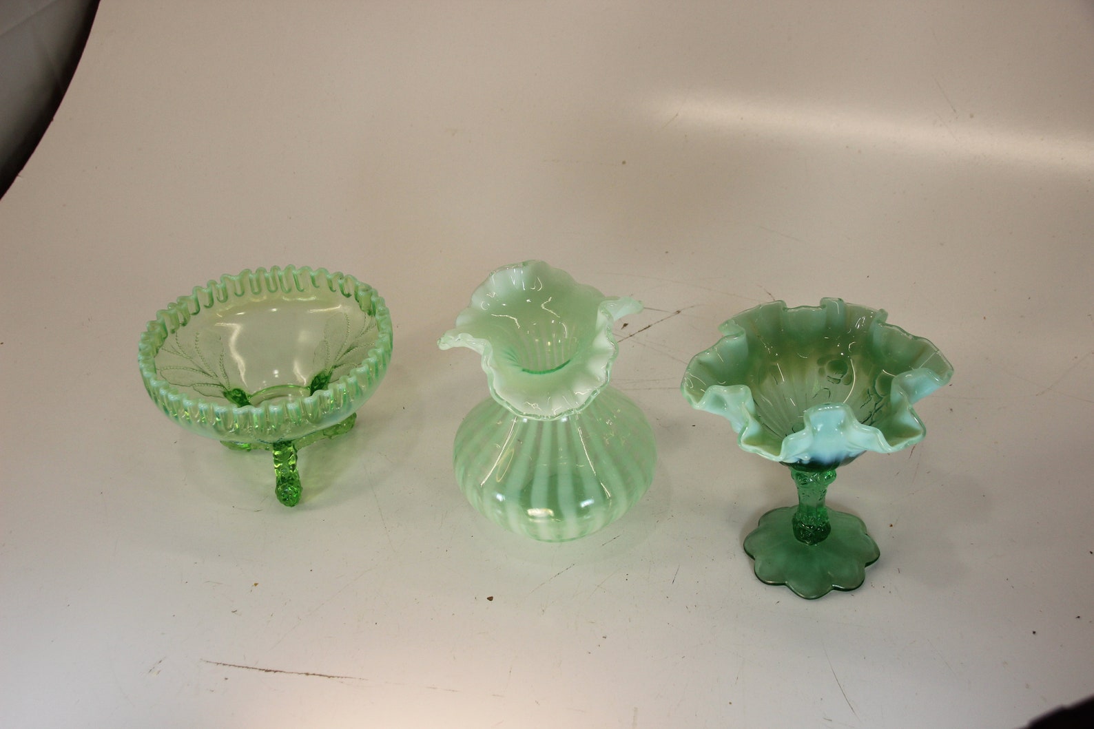 Set of 3 Fenton Art Glass Uranium Glass Opalescent Ruffled | Etsy