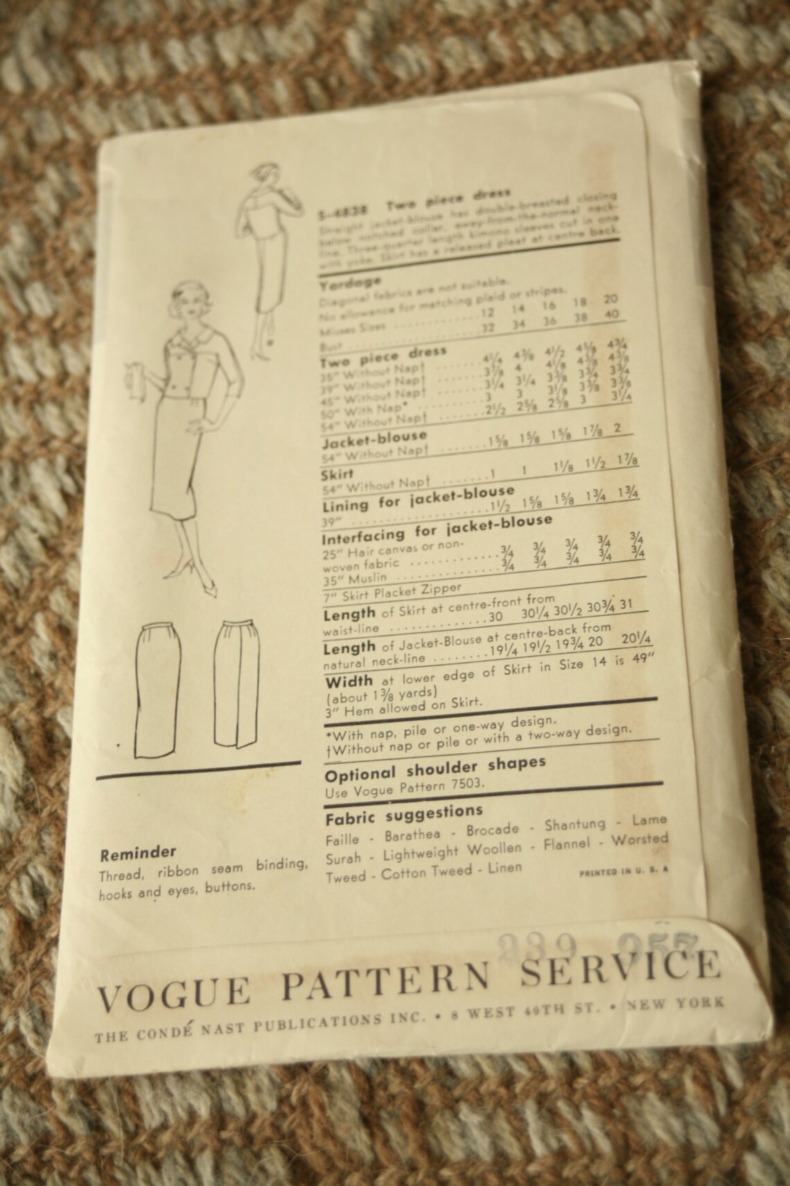 1950s Vintage VOGUE Special Design Pattern No. 4838 , Elegant Two Piece ...