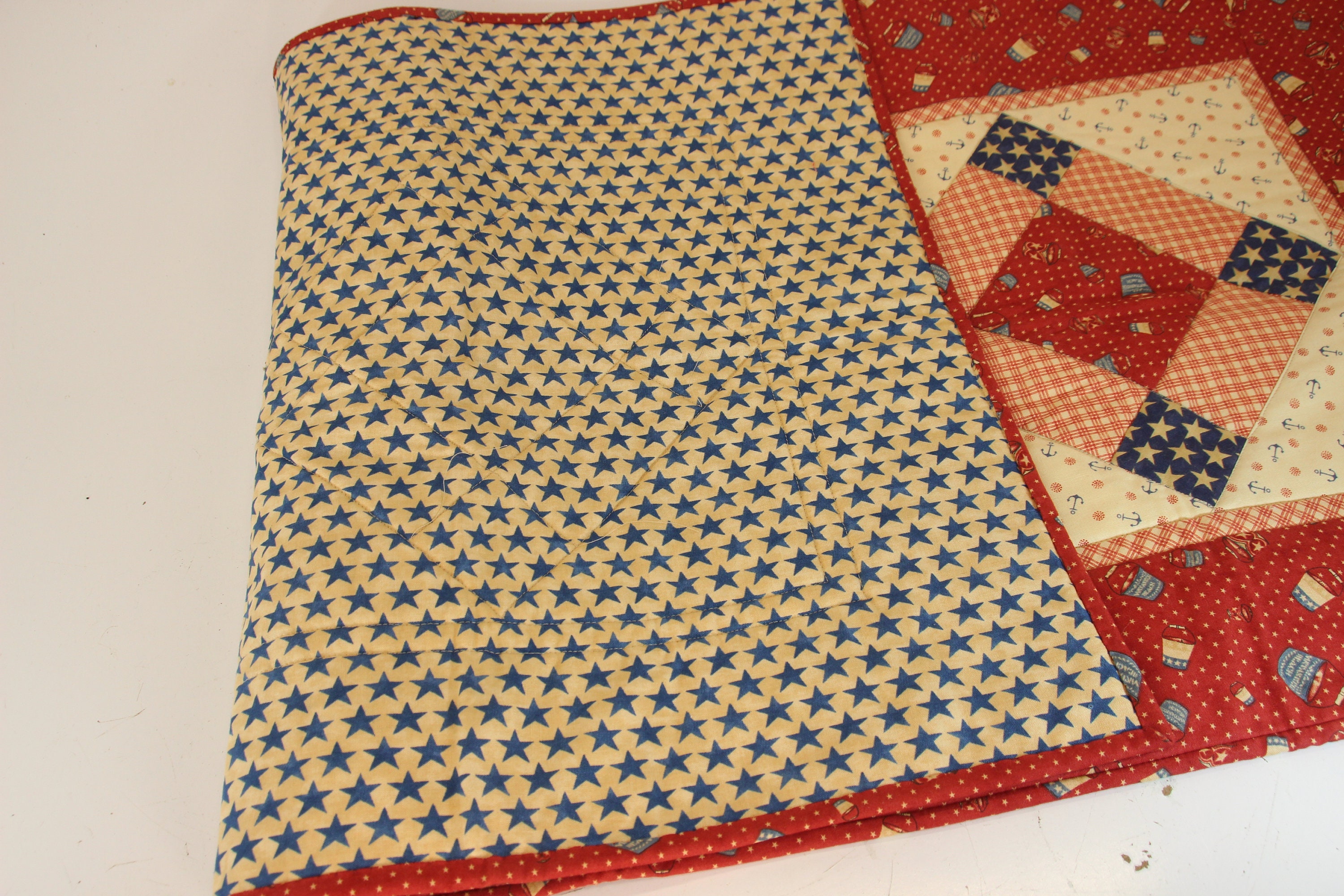 Vintage Quilted Red White Blue Table Runner Machine Sewn | Etsy