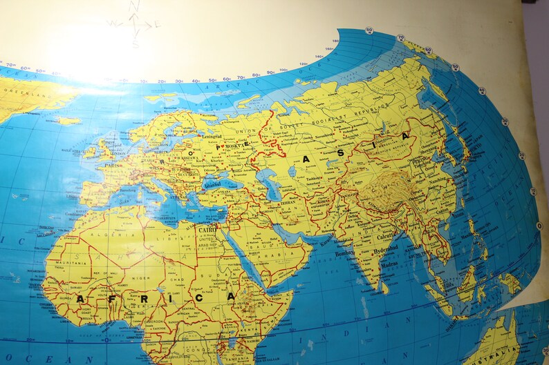 Vintage 1940's Cram Pull Down World Map United States - Etsy