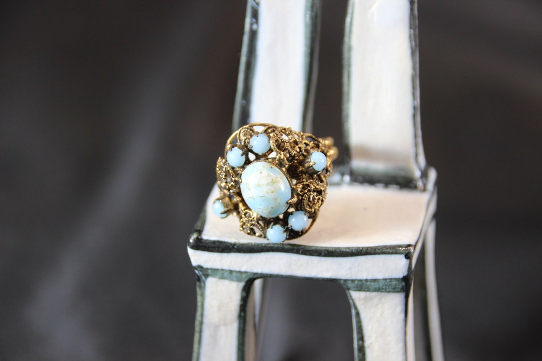 Vintage Marked, Czech Ring, Peking Glass, Blue Czech Glass, Filagree ...