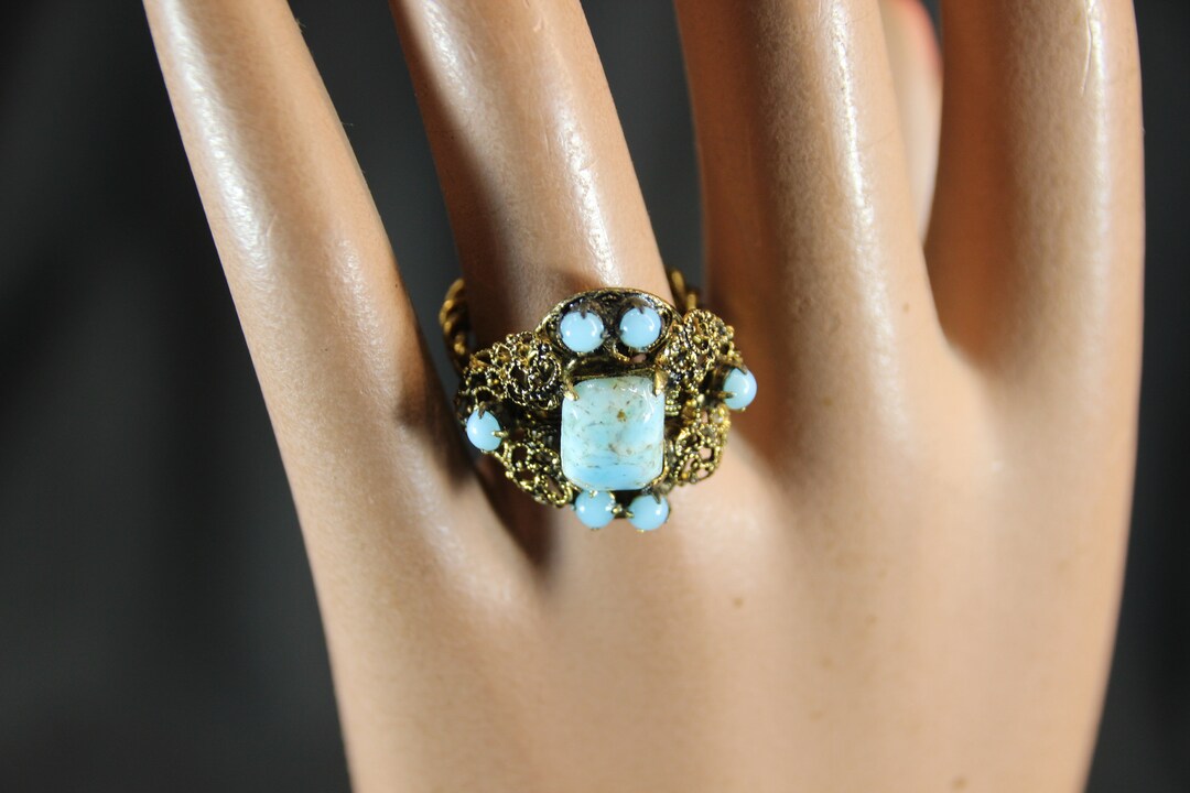 Vintage Marked, Czech Ring, Peking Glass, Blue Czech Glass, Filagree ...