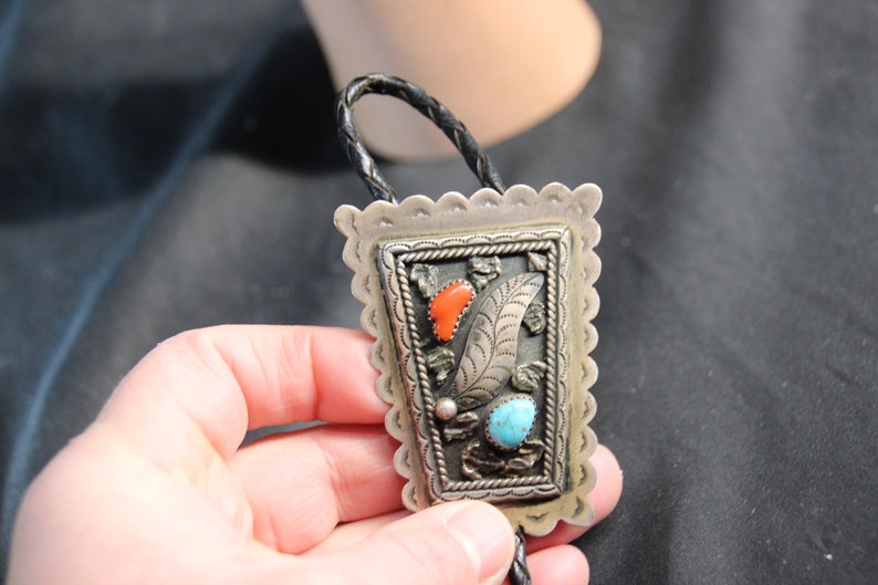 Vintage Navajo, Benson Sam, Bolo Tie, Coral, Turquoise, Silver, Men's ...