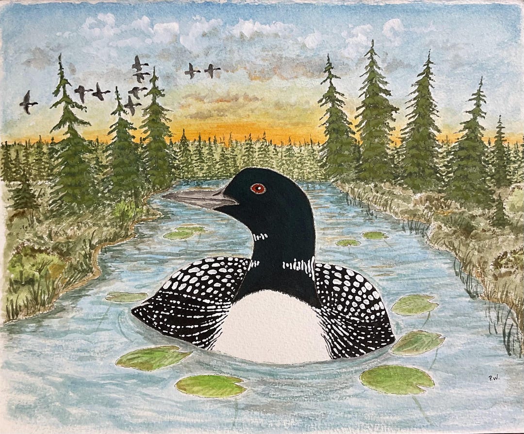 Loon Watercolor Painting: Northwoods Landscape Art, Cabin Decor - Etsy