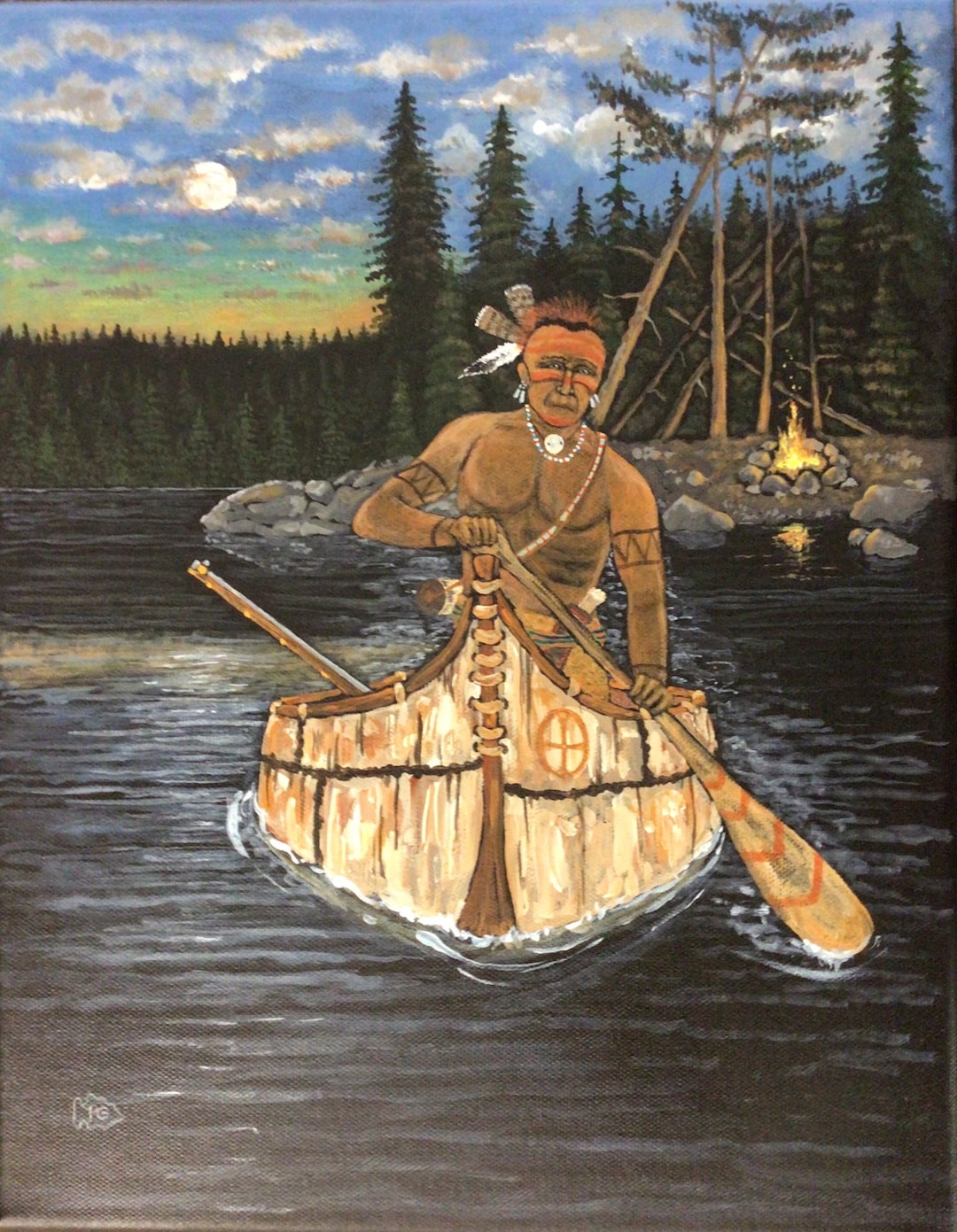 Native American Canoeing Painting: Birchbark Canoe, Wilderness Art ...