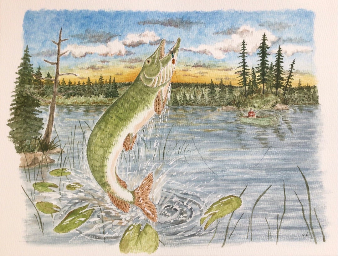 Muskie Watercolor Painting: Lake Landscape Cabin Art (9x12 With 11x14 ...