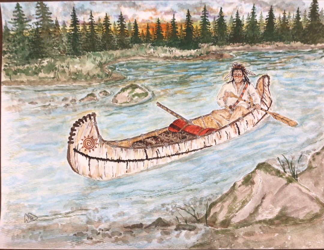 Native American Painting;birchbark Canoe Painting;river Canoeing ...