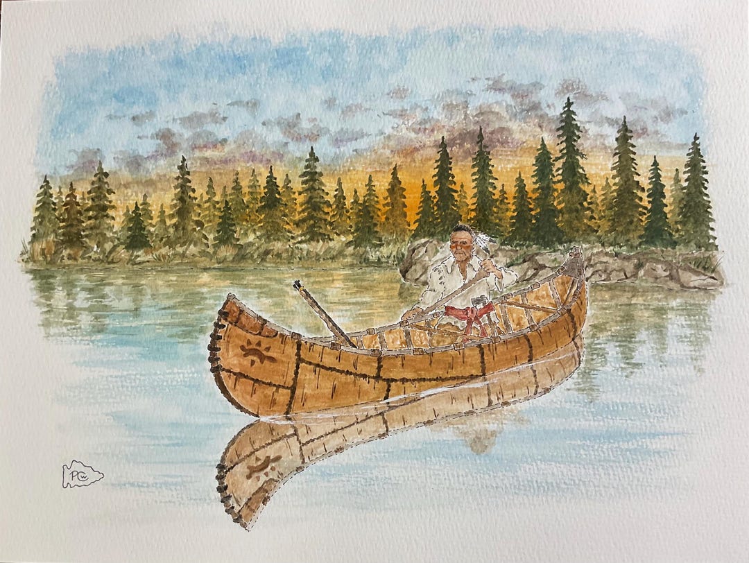 Native American Painting;birchbark Canoe Painting;historical Art ...