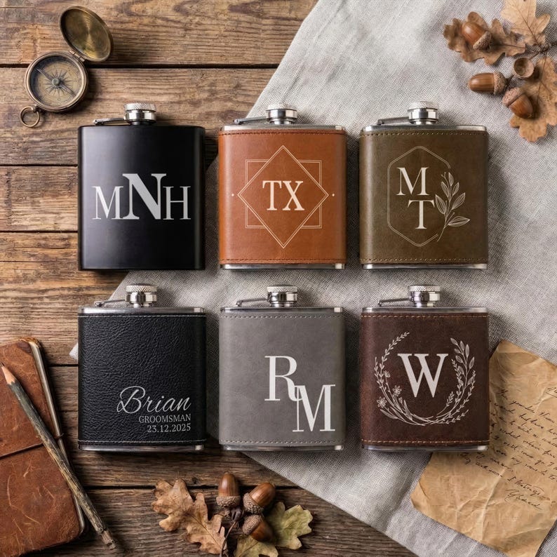 Personalized Leather Flask, Custom Engraved Monogram Groomsmen Gift - Etsy