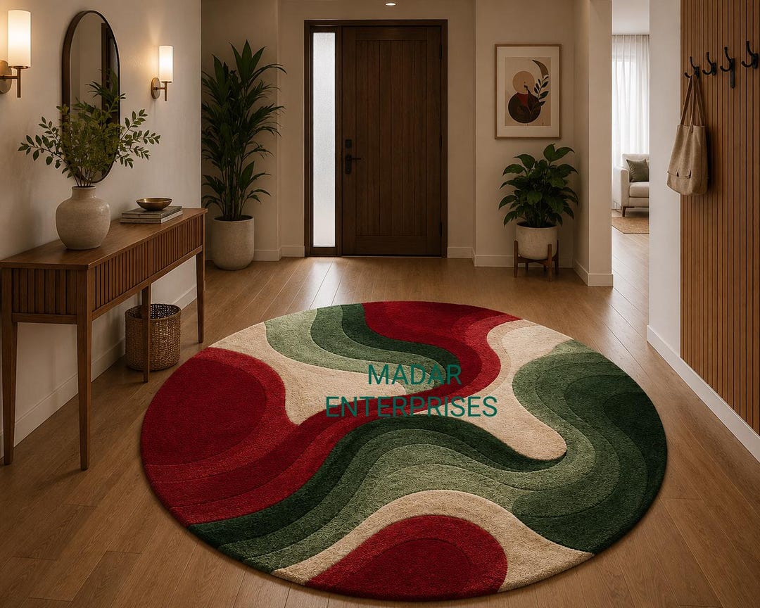 Abstract Round Rug, Hand Tufted Wool Area Rug, Modern Red Green Carpet ...