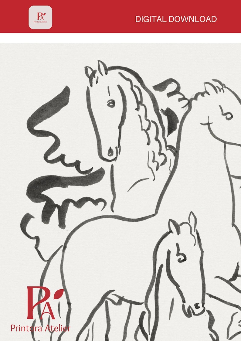 Set of 2 Horse Line Art, Equestrian Wall Art, Black White Illustration ...