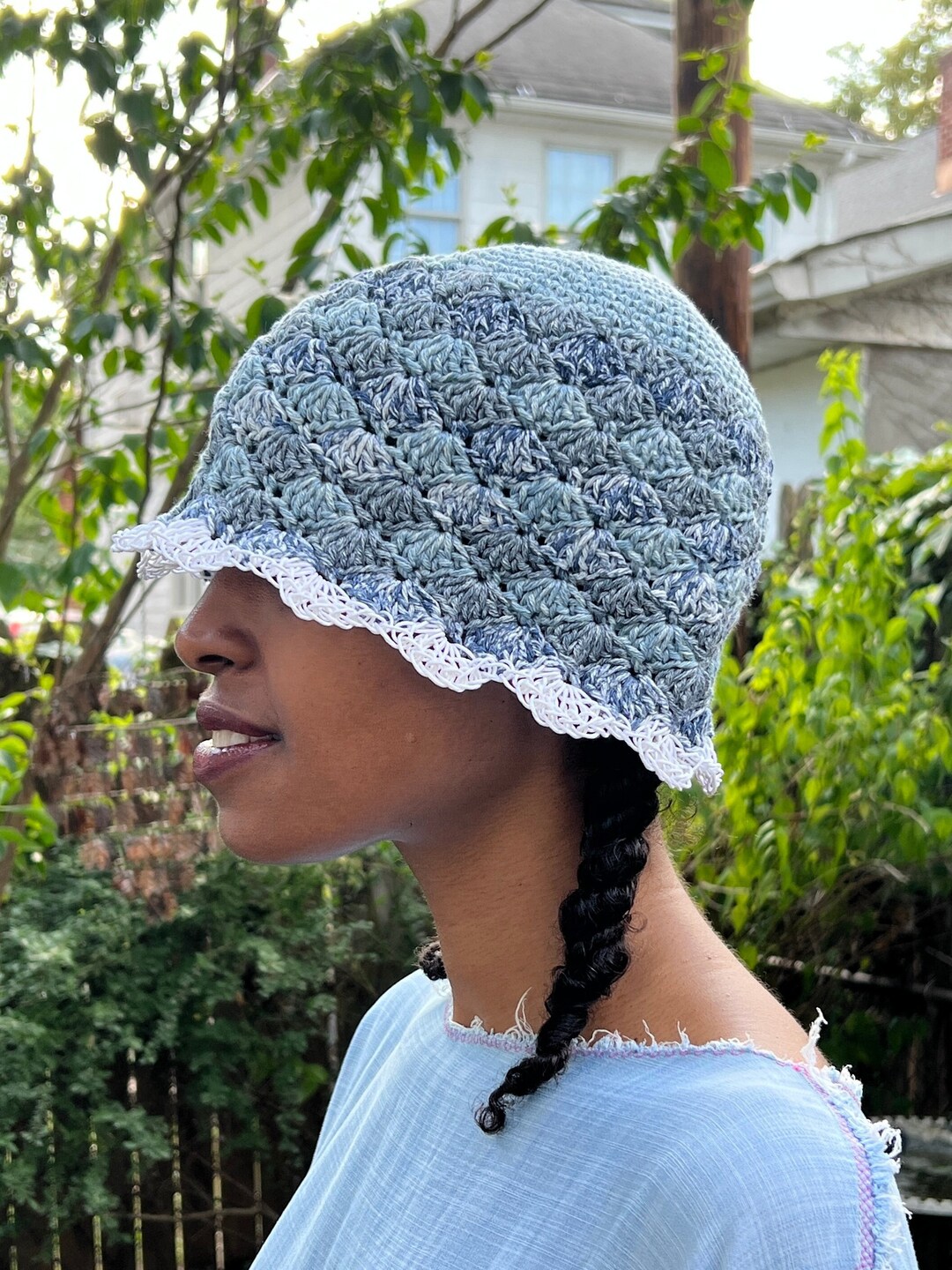 Acid Wash Blue Crochet Bucket Hat: Cotton Hemp Denim Yarn - Etsy