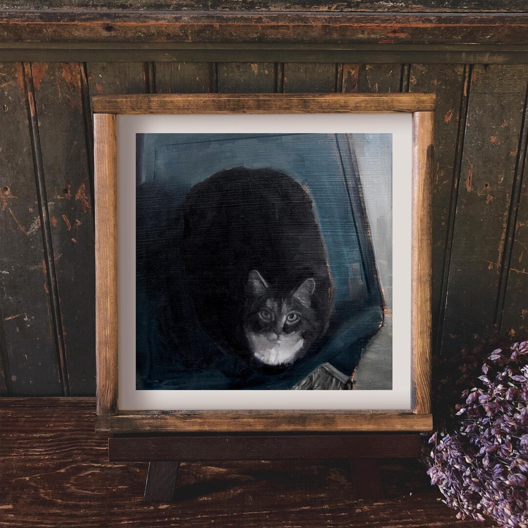 Realistic Dramatic Pet Cat on Rug Portrait Oil Painting Fine Art Print ...