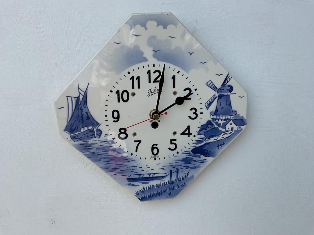 Ceramic Delph Style Blue and White Wall Clock - Etsy