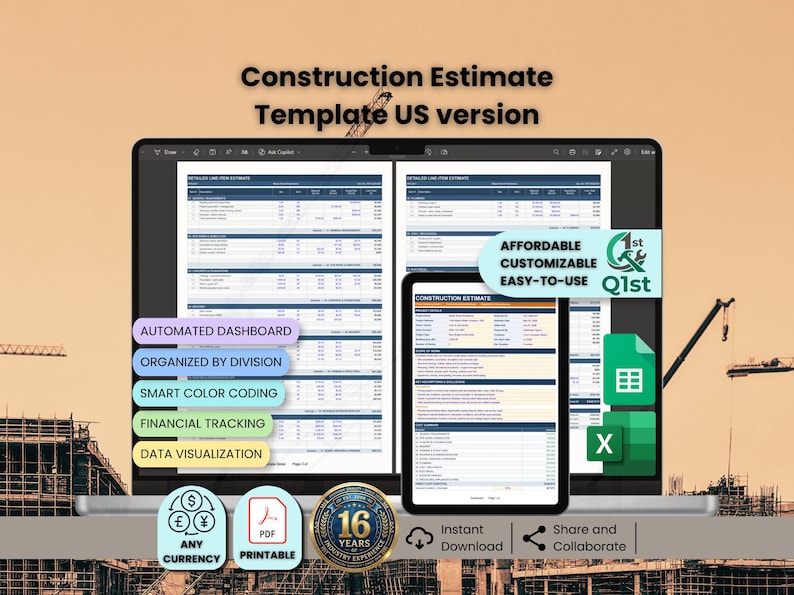 Construction Estimate Template, Editable Excel Spreadsheet for ...