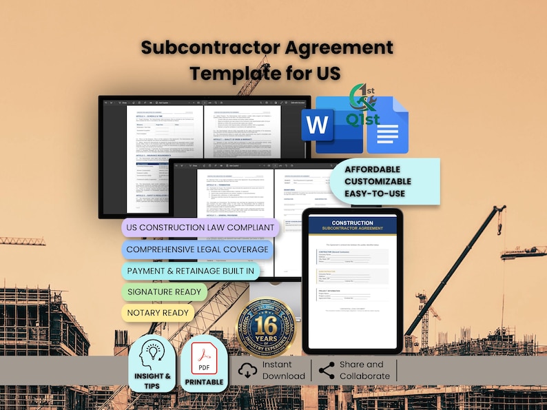 Subcontractor Agreement Template | US Construction | Editable Word Doc ...