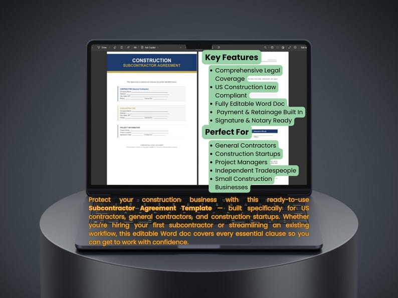 Subcontractor Agreement Template | US Construction | Editable Word Doc ...