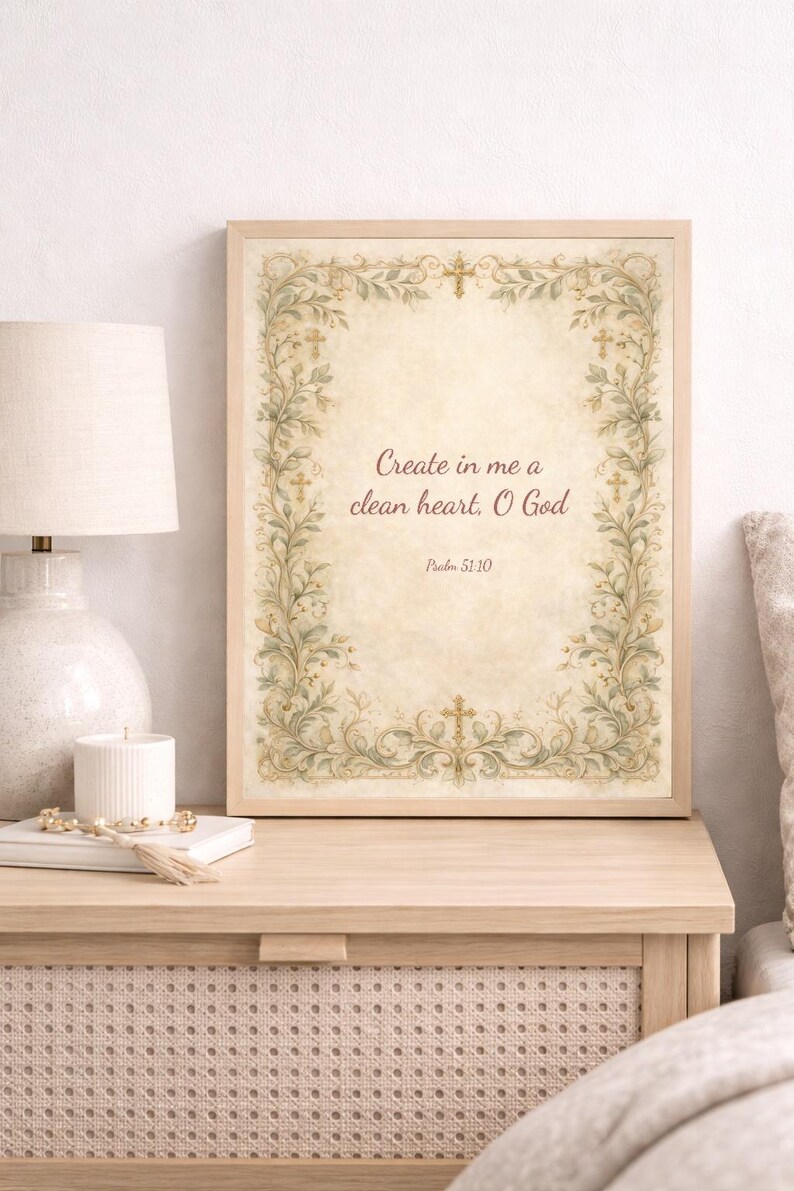 Psalm 51:10 Bible Verse Wall Art | Botanical Cross Scripture Print ...