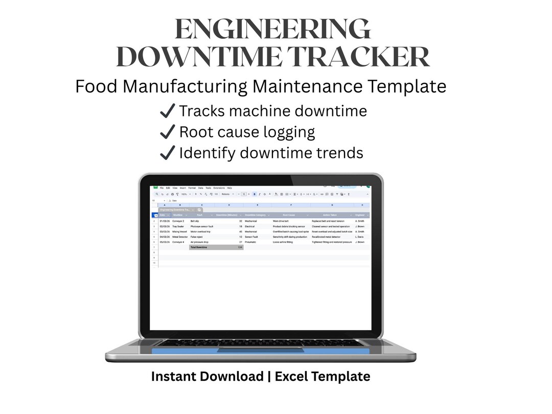 Engineering Downtime Tracker Excel Template | Maintenance Log ...