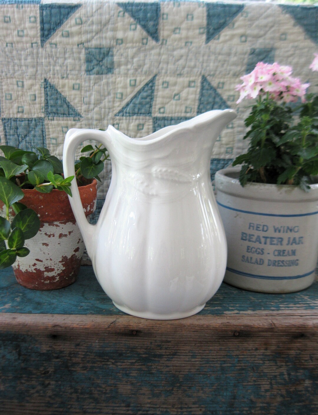 Large Antique English White Ironstone Wheat Pitcher - Etsy