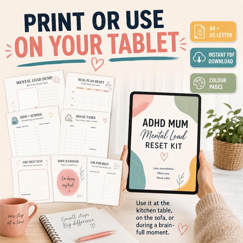 ADHD Mum Mental Load Triage Kit | Brain Dump, Overwhelm Reset Printable ...