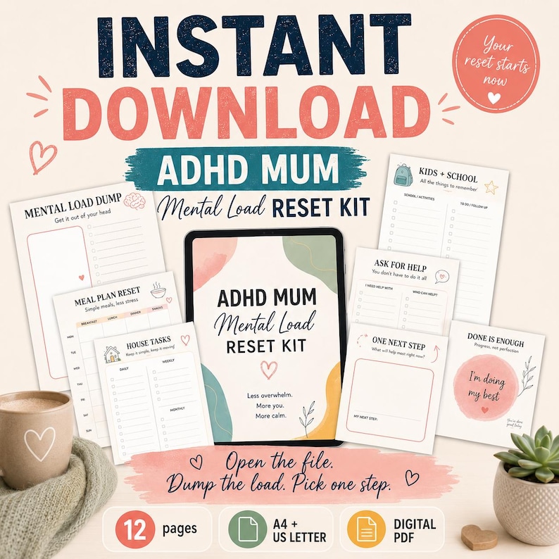 ADHD Mum Mental Load Triage Kit | Brain Dump, Overwhelm Reset Printable ...