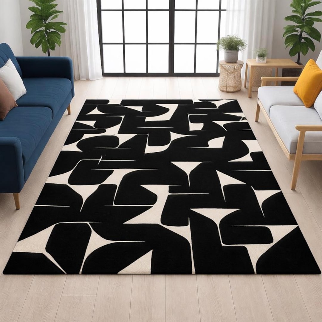 Black Abstract Rug, Modern Neutral Area Rug, Minimalist Geometric ...