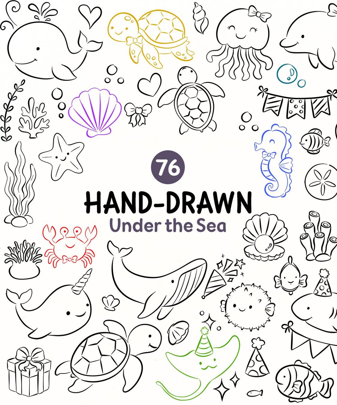 Hand-drawn Under the Sea Doodle Clipart, Ocean Animals SVG PNG AI (76 ...