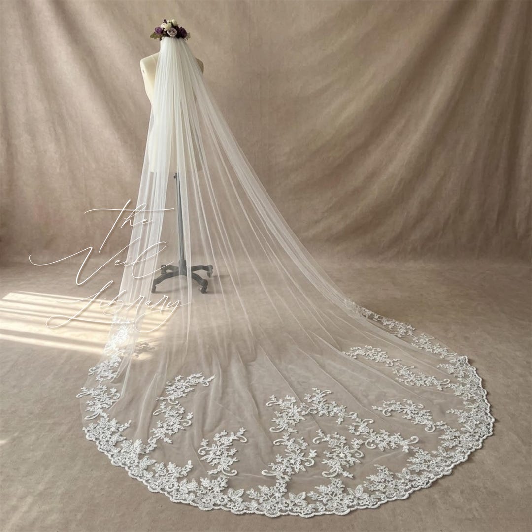 Cathedral Lace Applique Wedding Veil | 1 Layer 4M Long Bridal Veil ...