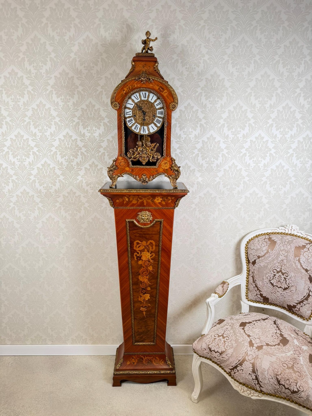 Antique Italian Grandfather Clock With Pedestal Stand, Marquetry Case ...
