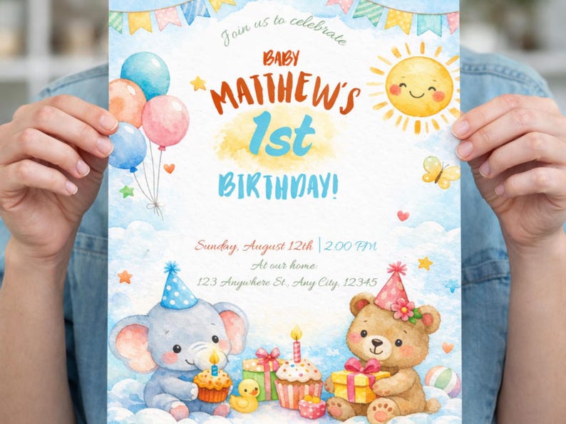 1st Birthday Invitation Editable Canva Template, Baby Birthday Invite ...