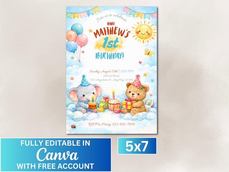 1st Birthday Invitation Editable Canva Template, Baby Birthday Invite ...