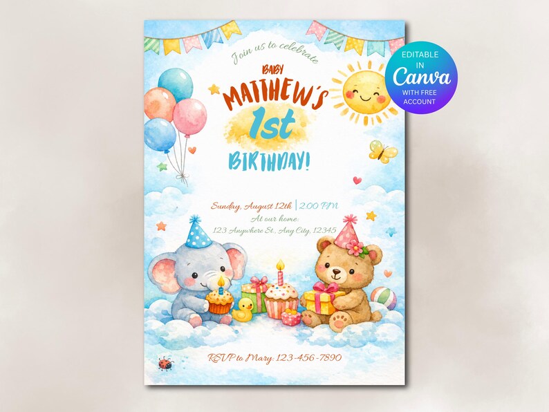 1st Birthday Invitation Editable Canva Template, Baby Birthday Invite ...
