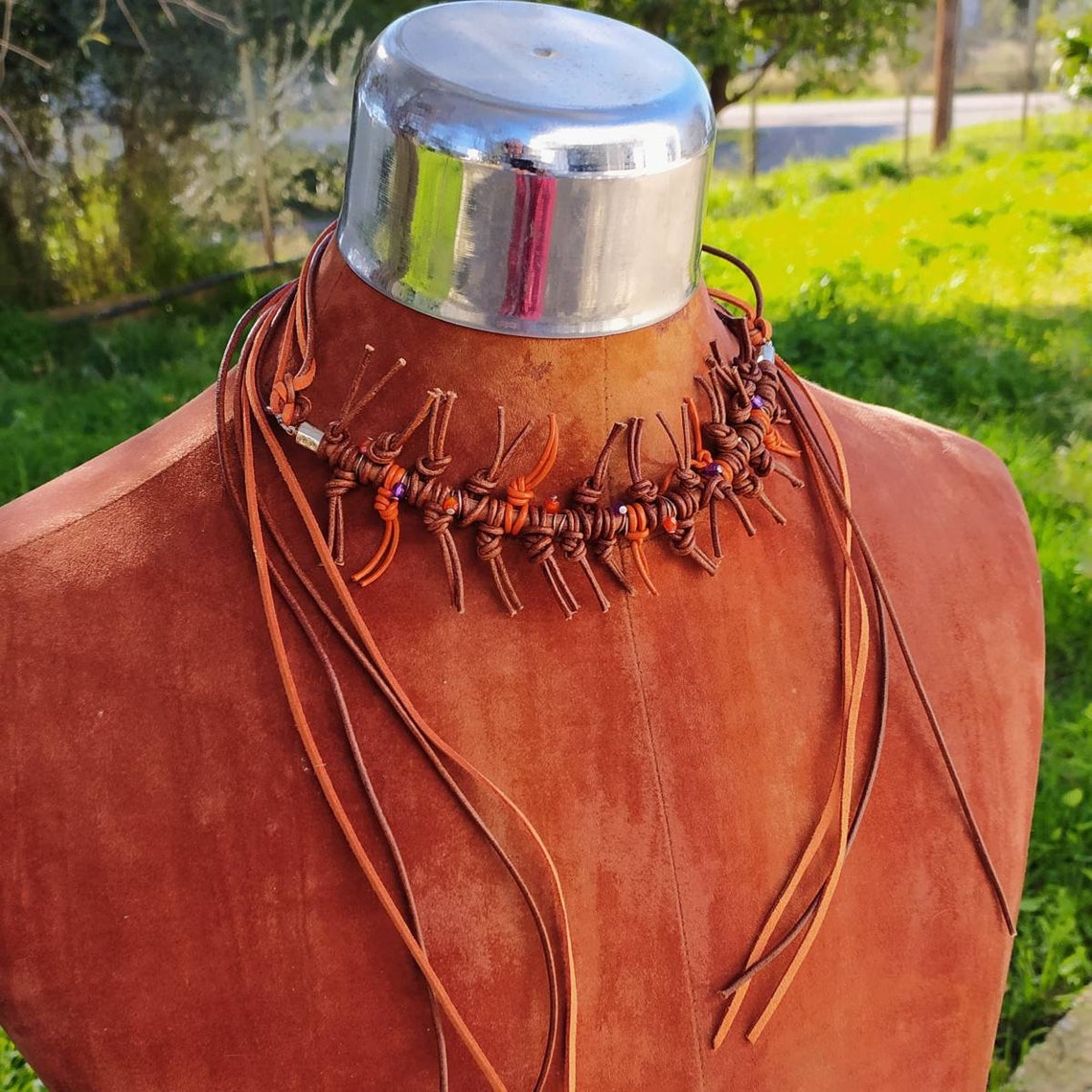 Long Choker Collar Leather Unusual Necklace Boho Statement - Etsy