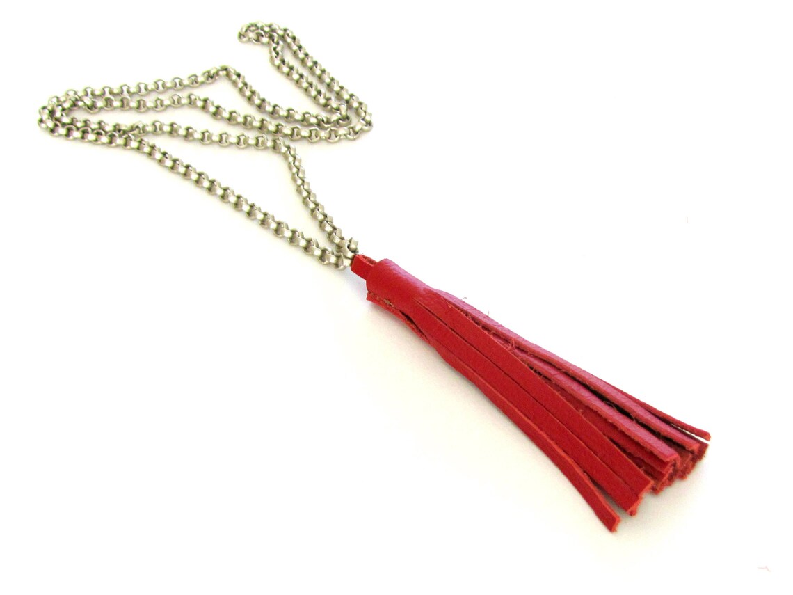Long Layered Necklace Double Chain Pendant Wine Red Leather - Etsy