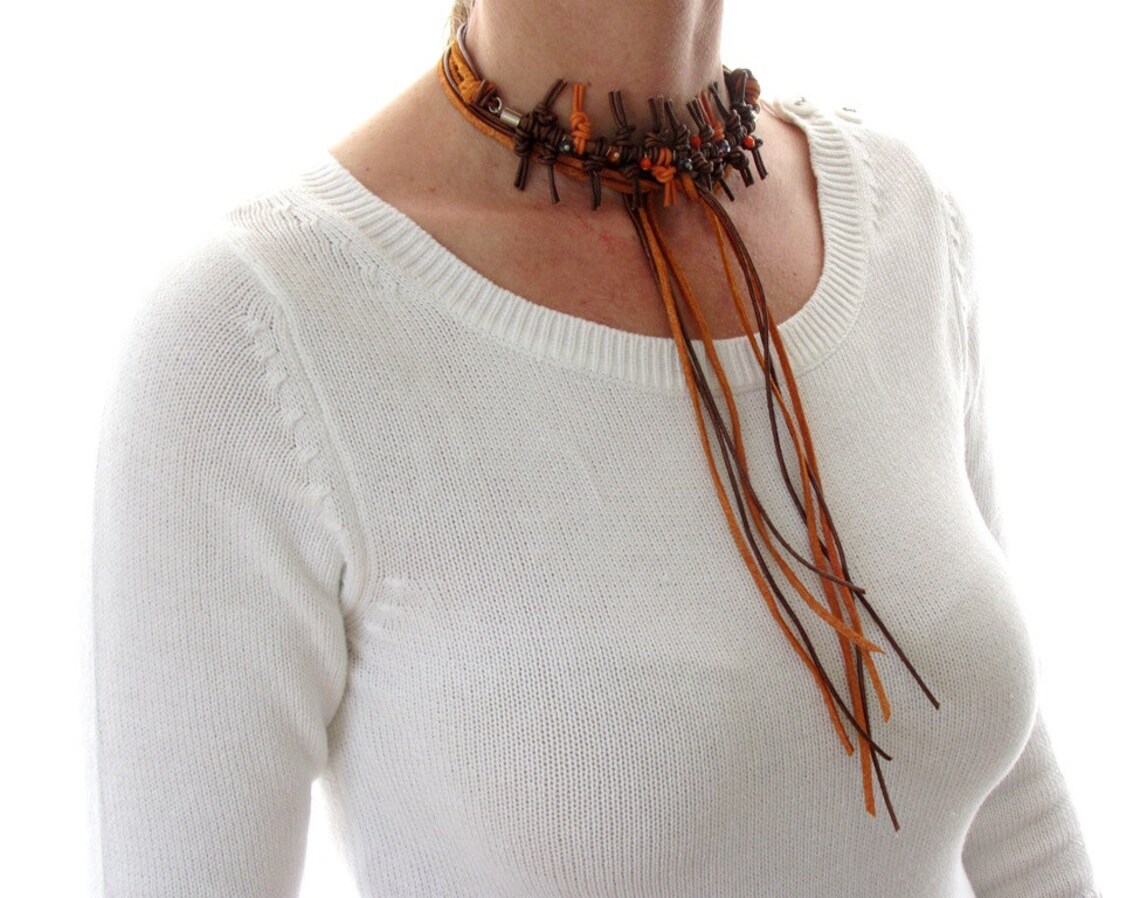 Long Choker Collar Leather Unusual Necklace Boho Statement - Etsy