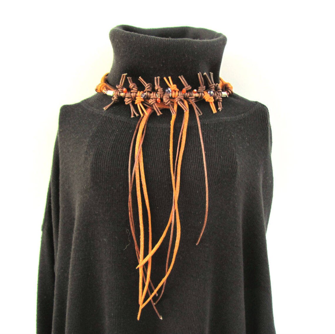 Long Choker Collar Leather Unusual Necklace Boho Statement - Etsy