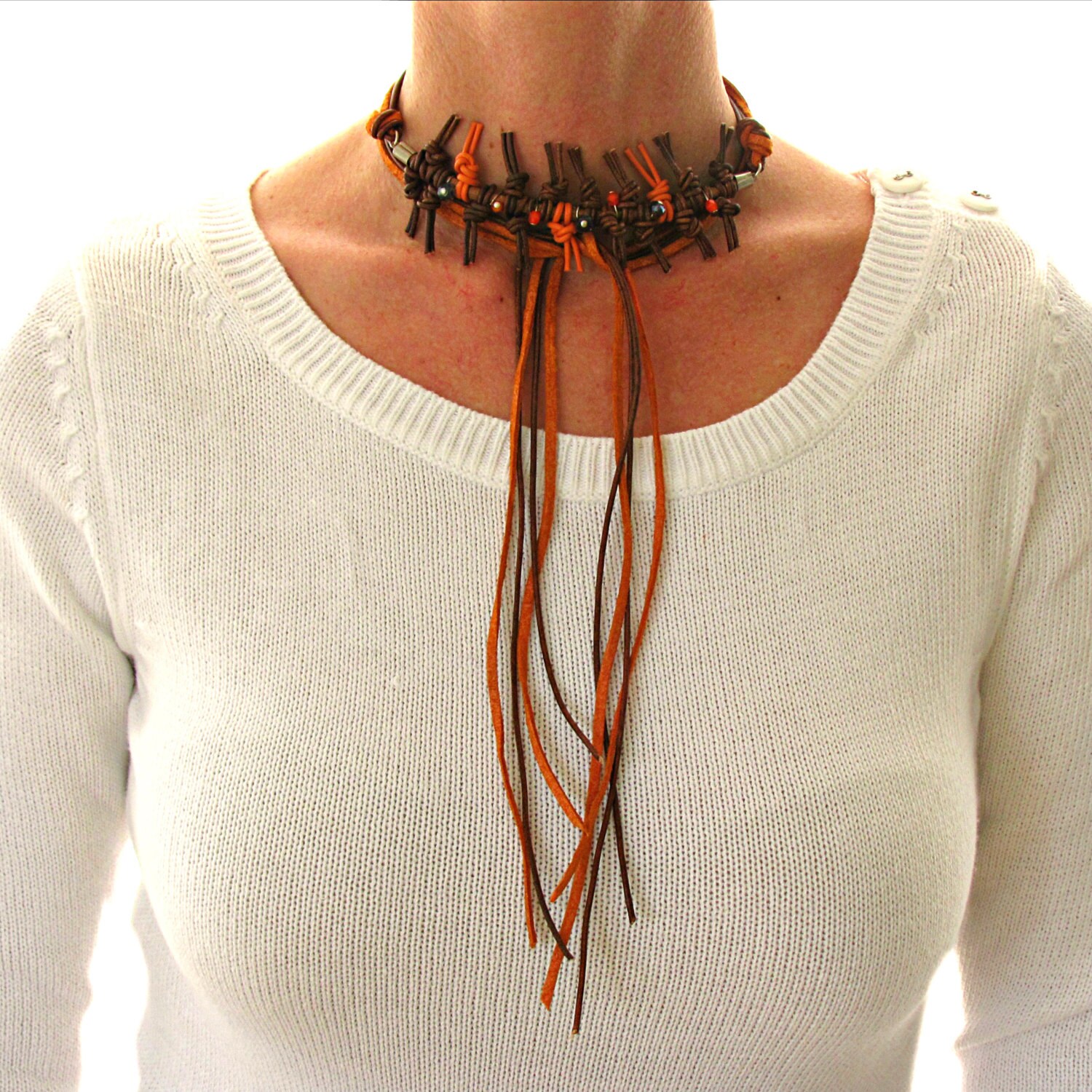 Long Choker Collar Leather Unusual Necklace Boho Statement | Etsy