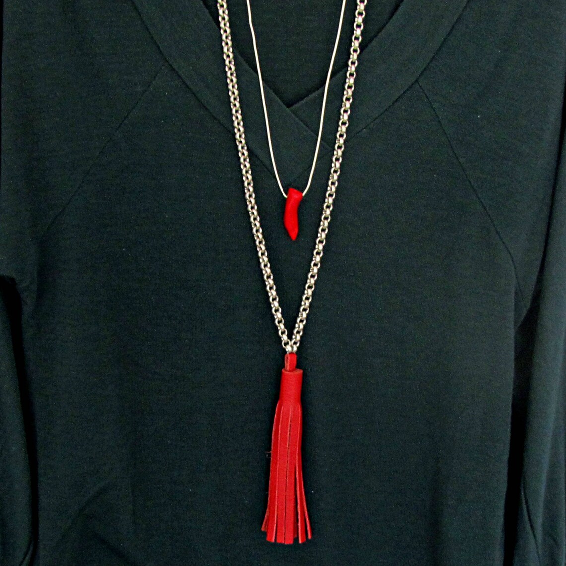 Long Layered Necklace Double Chain Pendant Wine Red Leather - Etsy