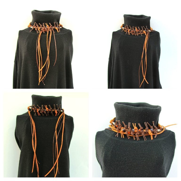 Long Choker Collar Leather Unusual Necklace Boho Statement - Etsy
