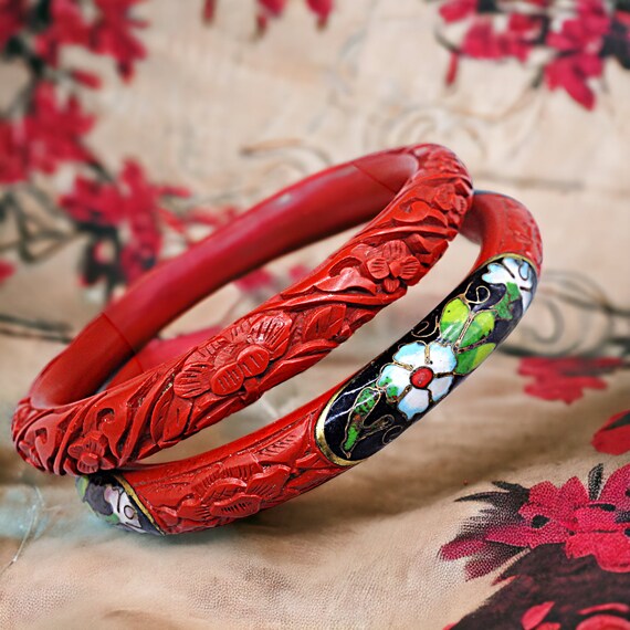 cinnabar cloisonne bangle carved - Gem
