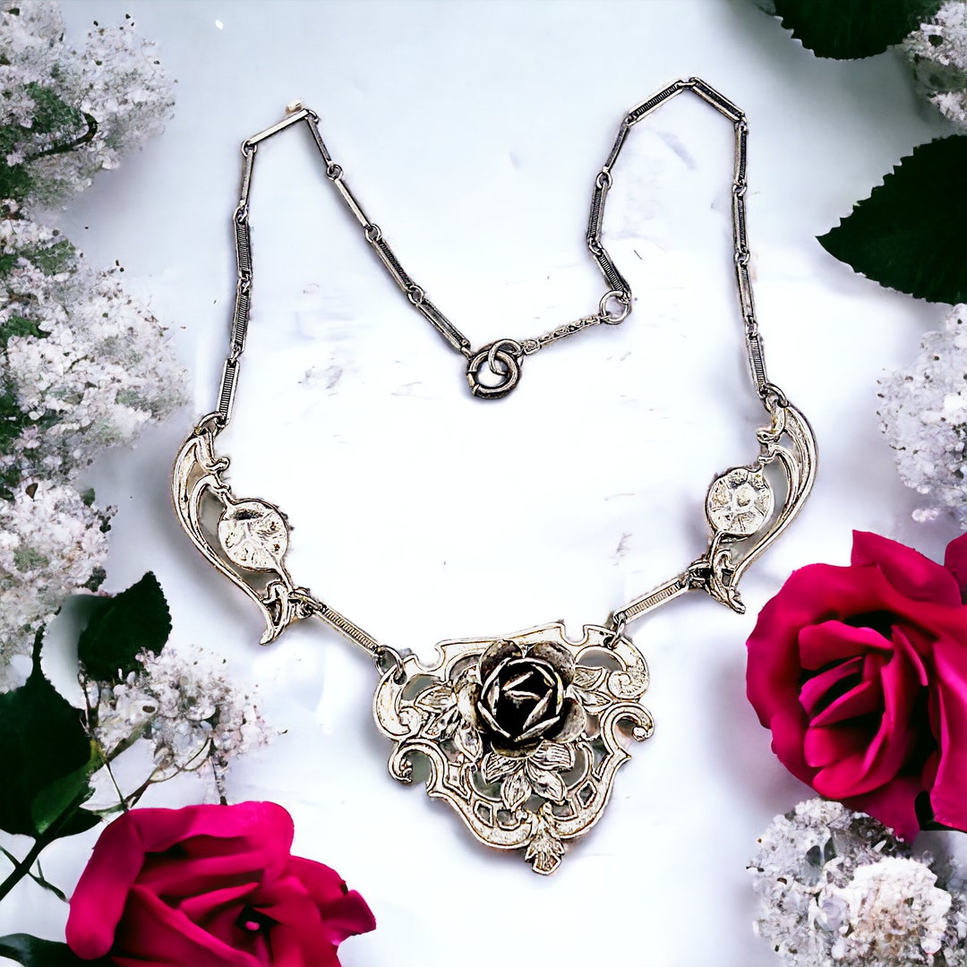 Vintage Silver Rose Necklace, Art Deco Silver Flower Necklace, Sterling ...