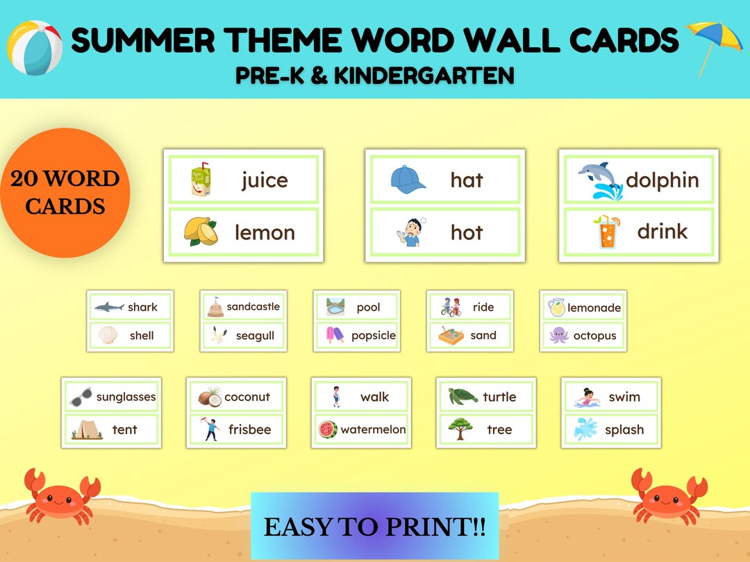 Summer Word Wall Cards | 20 Printable Vocabulary | Classroom Decor for ...