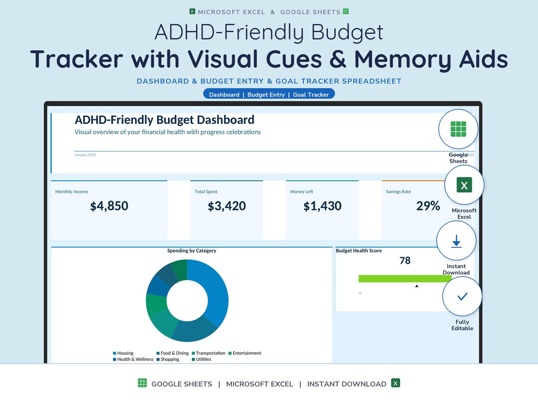 ADHD Budget Tracker Excel Template | Visual Cues & Memory Aids ...