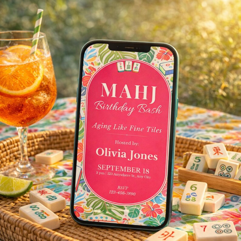 Mahjong Birthday Invitation, Editable Canva Mahj Party Invite, Tropical ...
